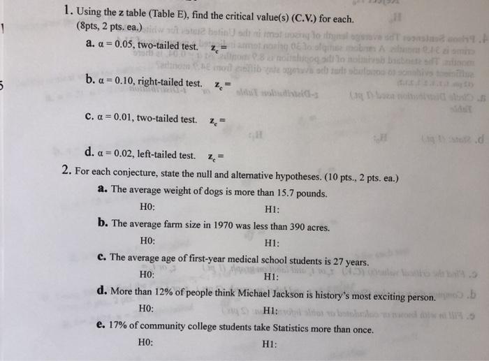 Solved 1. Using the z table (Table E), find the critical | Chegg.com