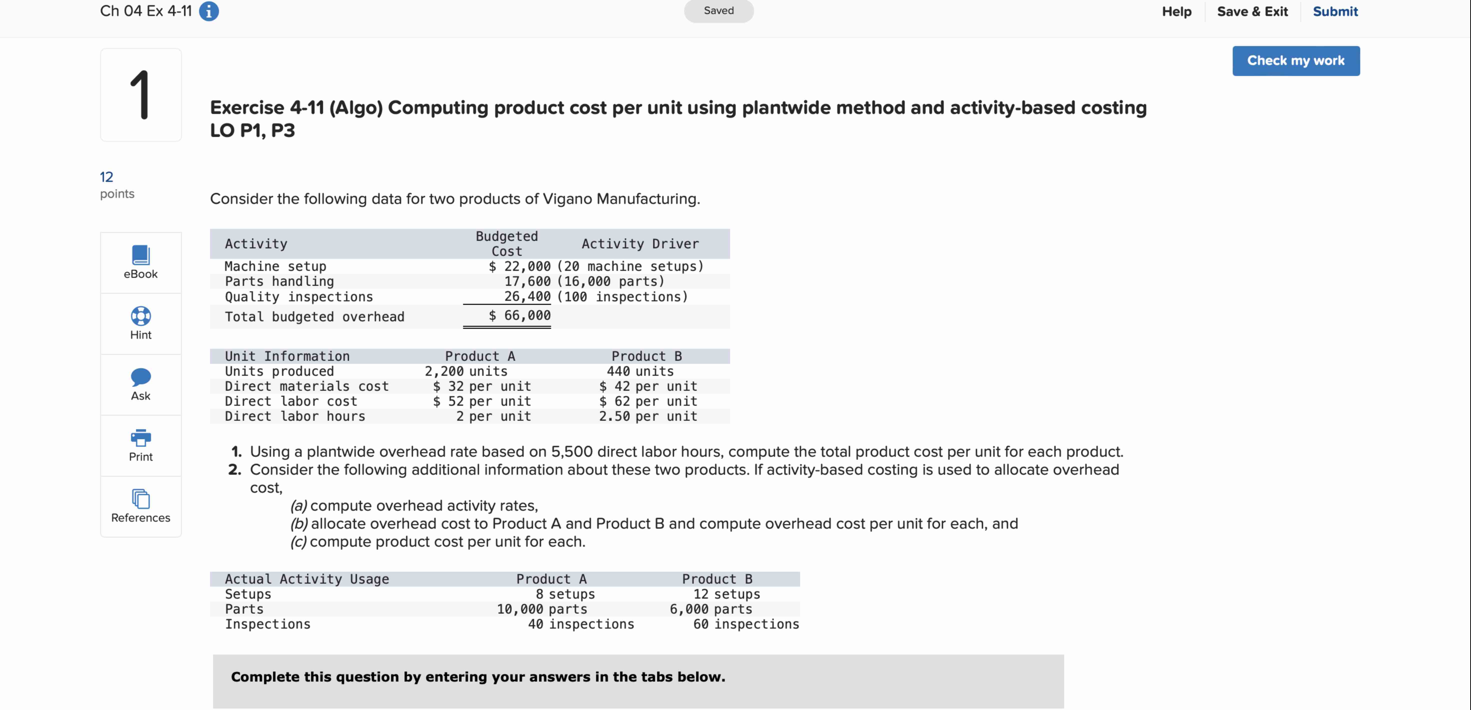 Solved Exercise 4-11 (Algo) ﻿Computing product cost per unit | Chegg.com