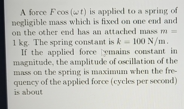 Solved A force Fcos(ωt) ﻿is applied to a spring of | Chegg.com