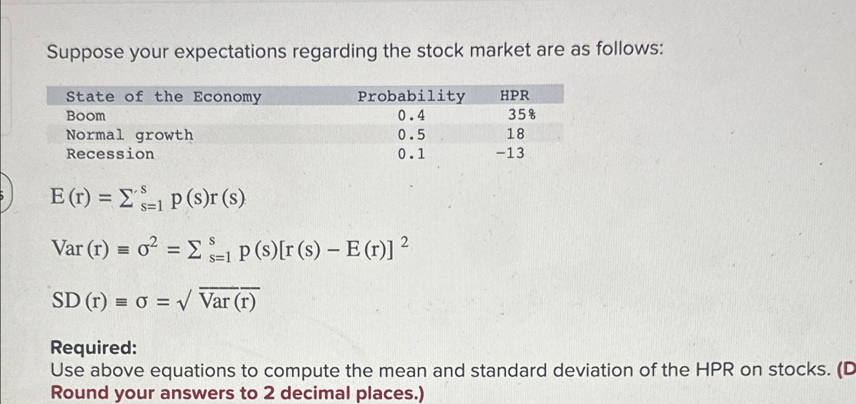 Solved Suppose Your Expectations Regarding The Stock Market