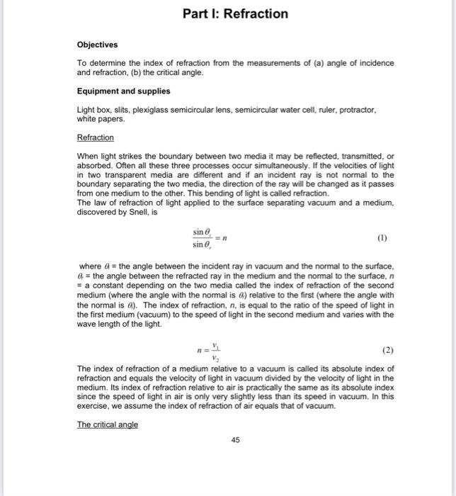 Solved Objectives To determine the index of refraction from | Chegg.com
