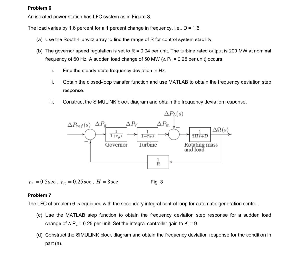 Solved Problem 6An isolated power station has LFC system as | Chegg.com