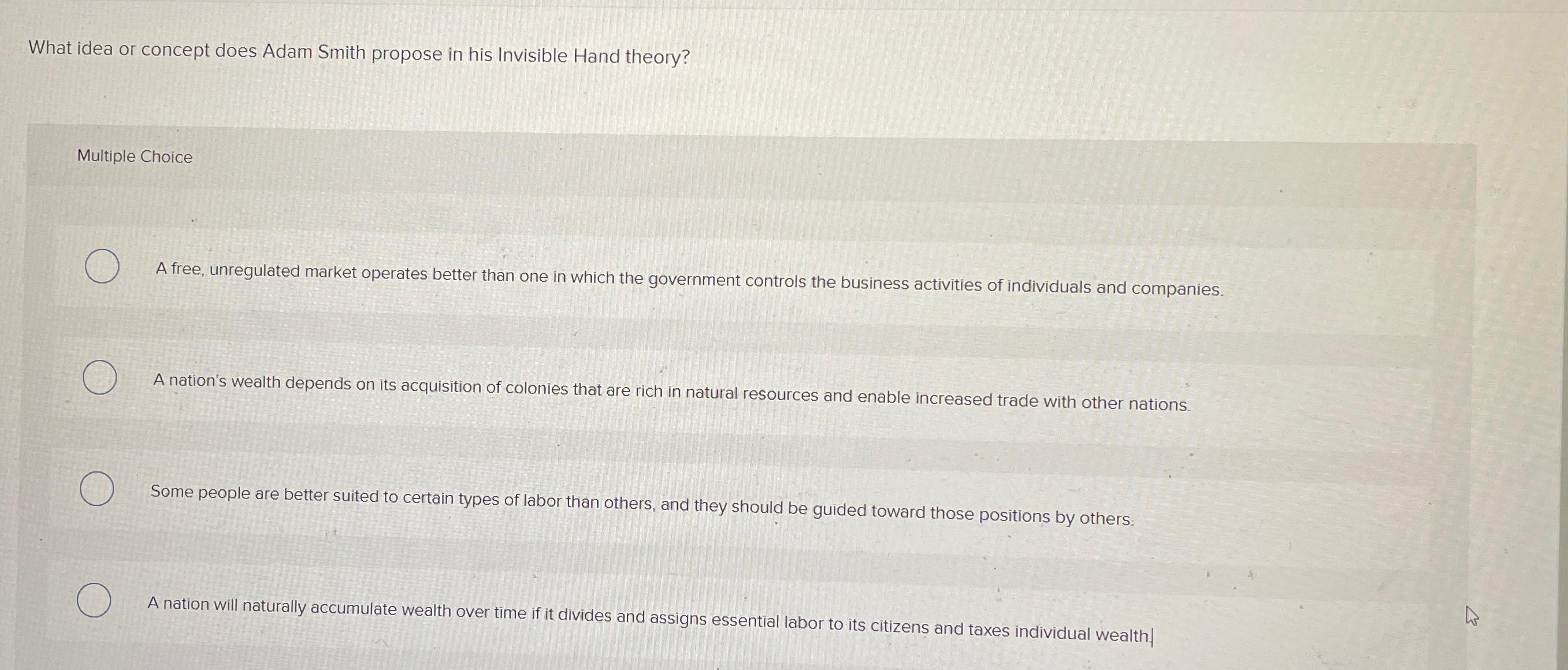 Solved What idea or concept does Adam Smith propose in his | Chegg.com