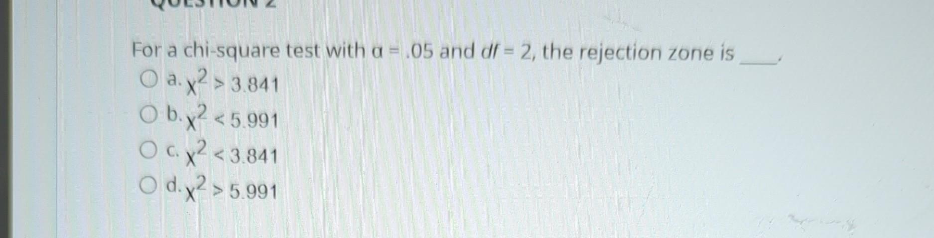 Solved For a chi-square test with a=.05 and df=2, the | Chegg.com