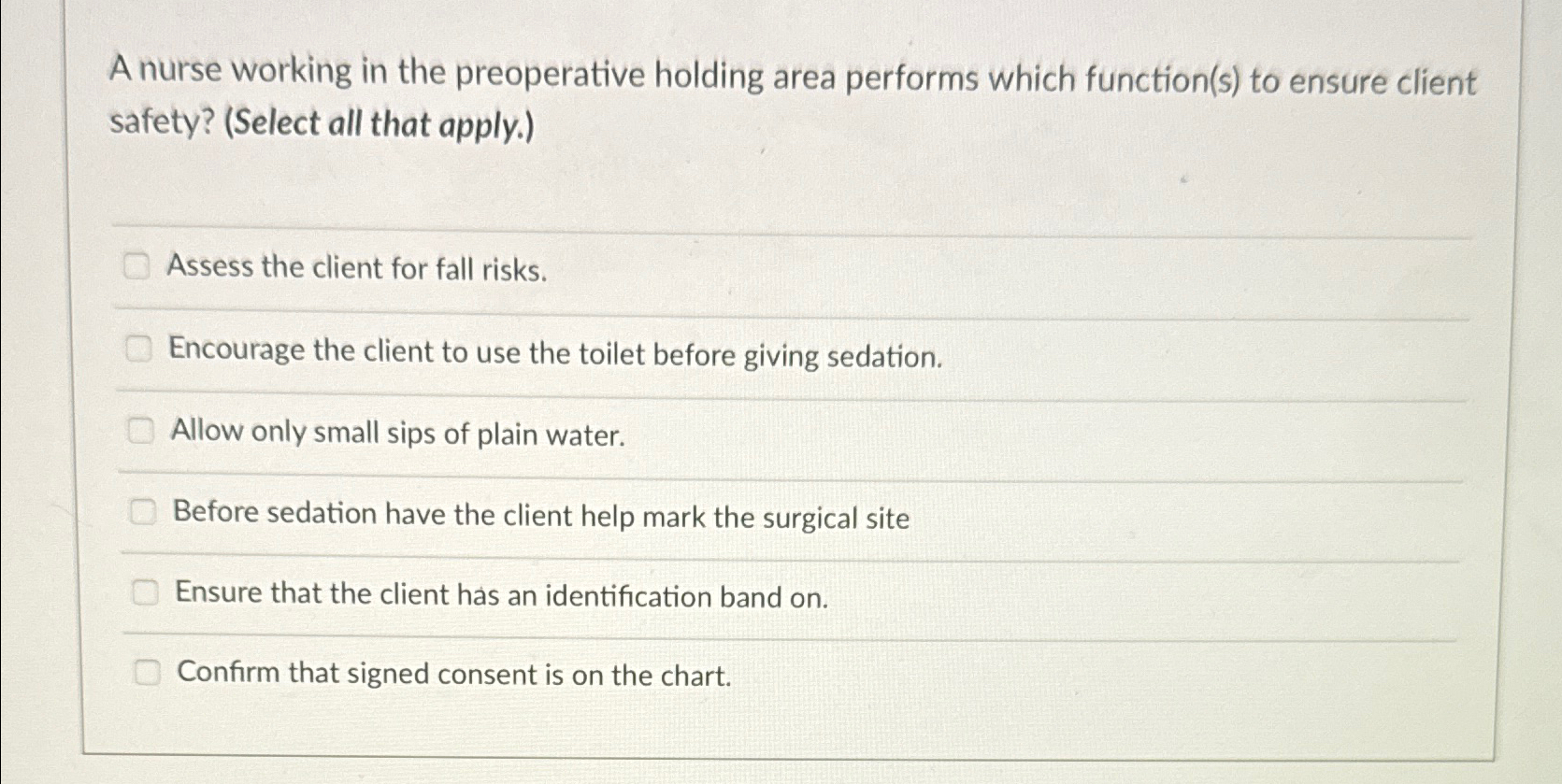 Solved A nurse working in the preoperative holding area | Chegg.com