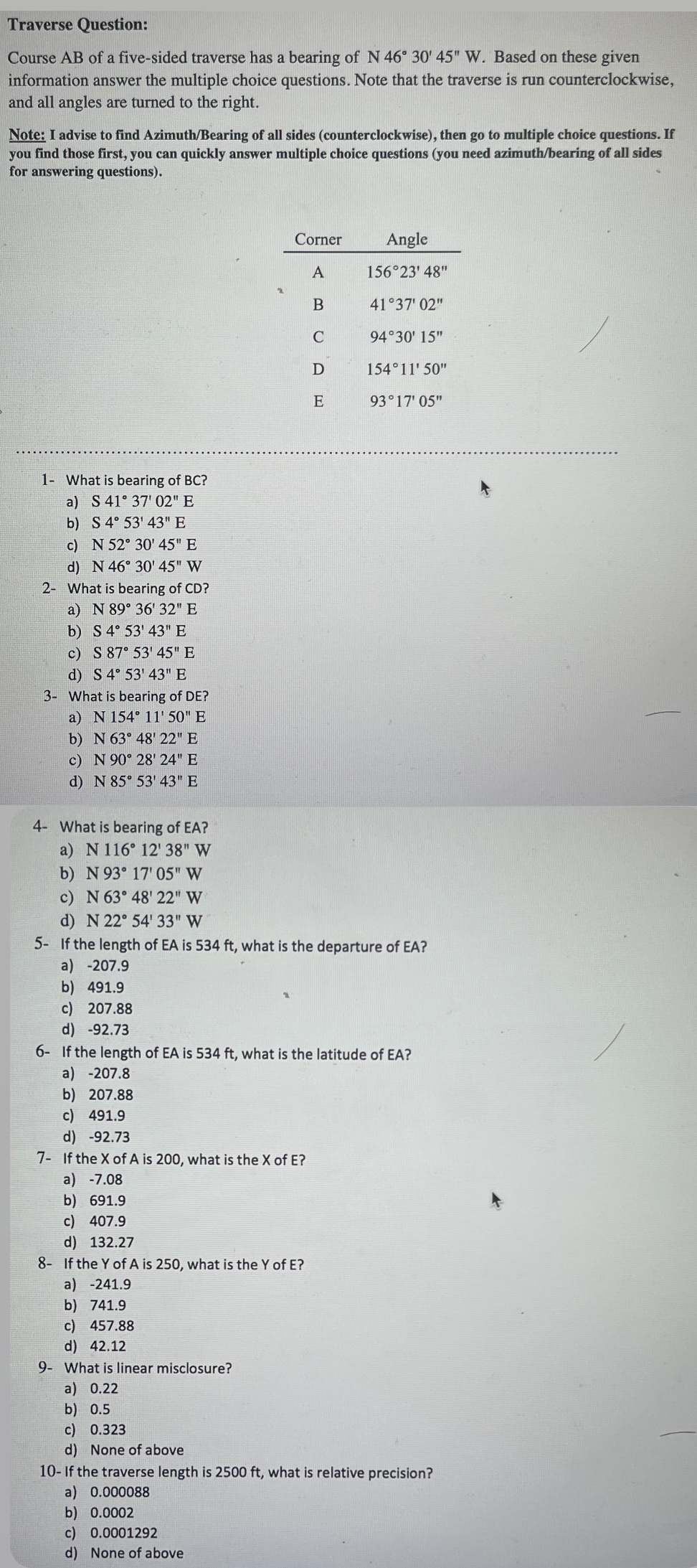 Solved Traverse Question:Course AB ﻿of a five-sided traverse | Chegg.com