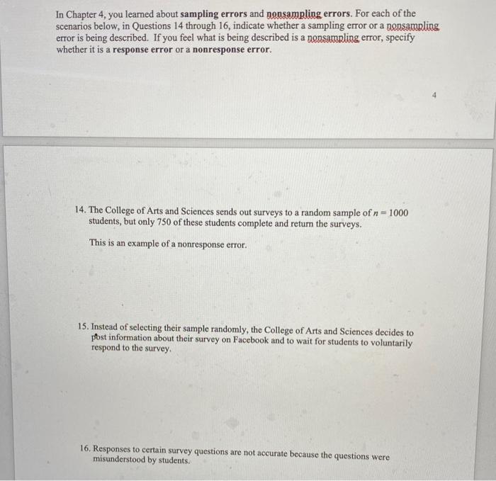 Solved In Chapter 4, you learned about sampling errors and | Chegg.com