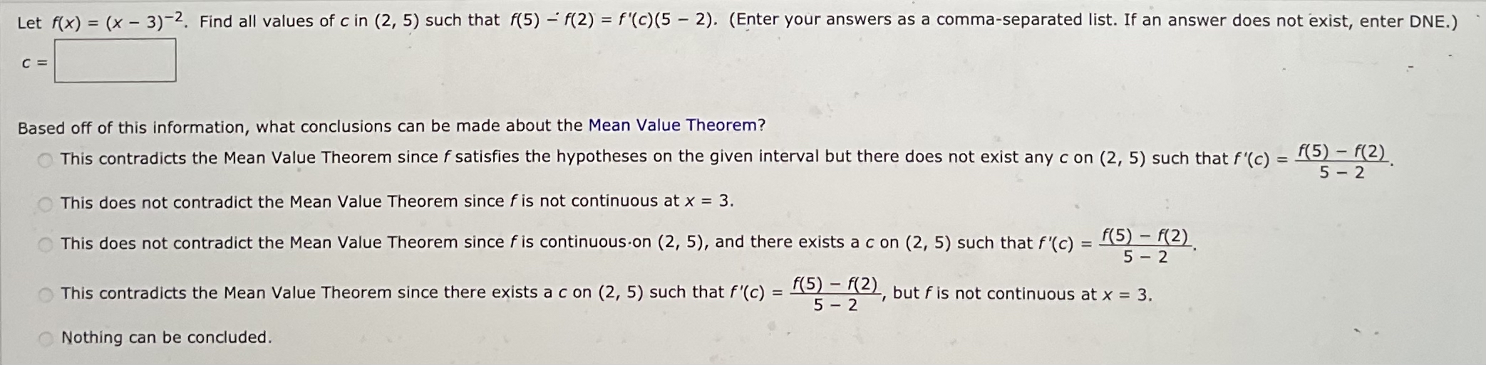 Solved Let f(x)=(x-3)-2. ﻿Find all values of c ﻿in (2,5) | Chegg.com