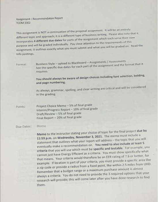Assignment - Recommendation Report TCOM 3302 This | Chegg.com