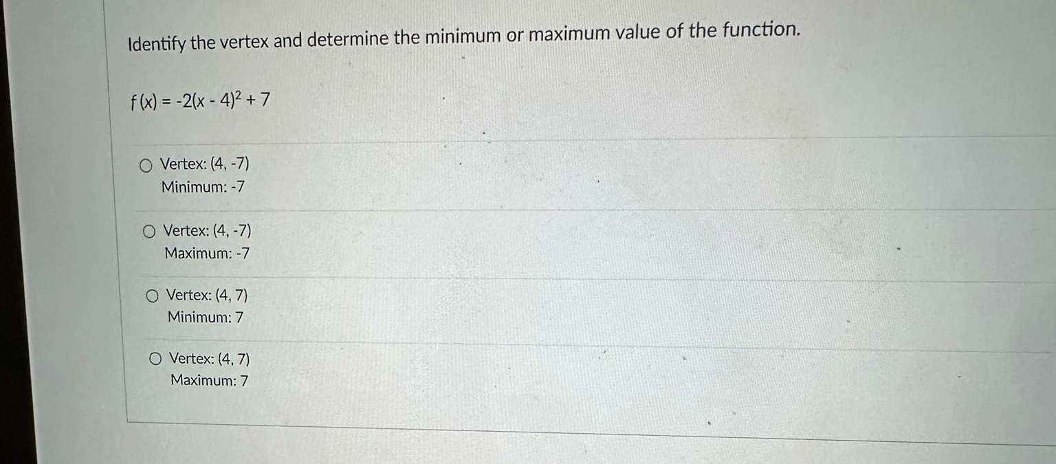 Solved Identify the vertex and determine the minimum or | Chegg.com