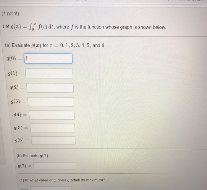 Solved (1 point) Let g(x) = s. f(t) dt, where f is the | Chegg.com