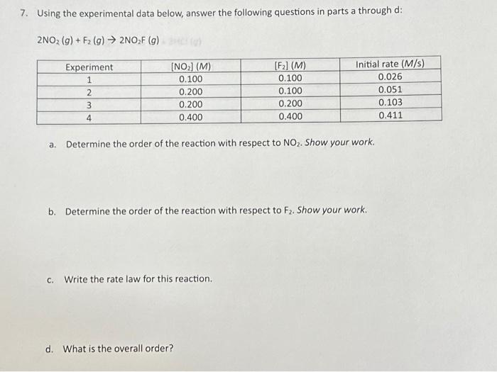 Solved 7. Using the experimental data below, answer the | Chegg.com