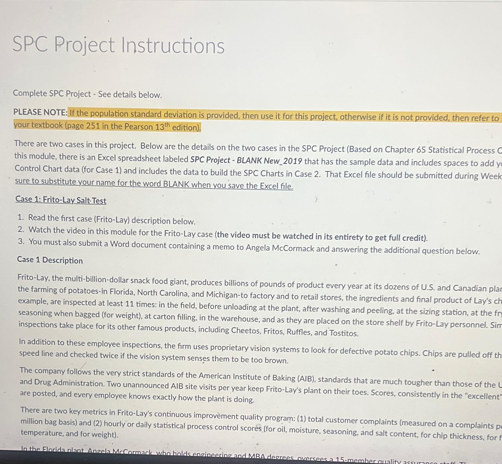 Solved SPC Project InstructionsComplete SPC Project - ﻿See | Chegg.com