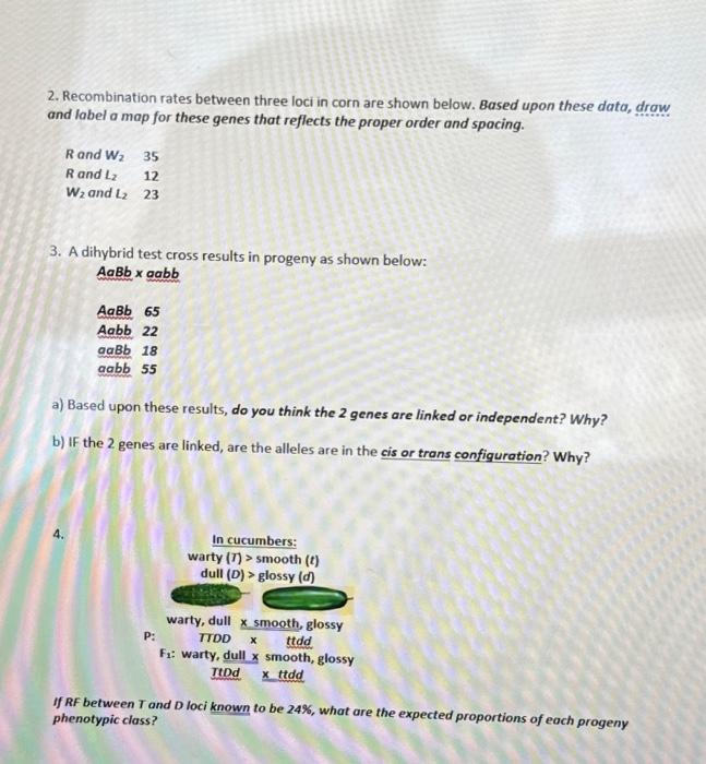 Solved 2 Recombination Rates Between Three Loci In Corn Are