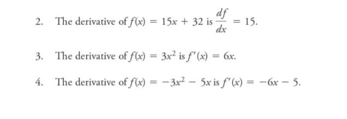 Solved 2. The derivative of f(x)=15x+32 is dxdf=15. 3. The | Chegg.com
