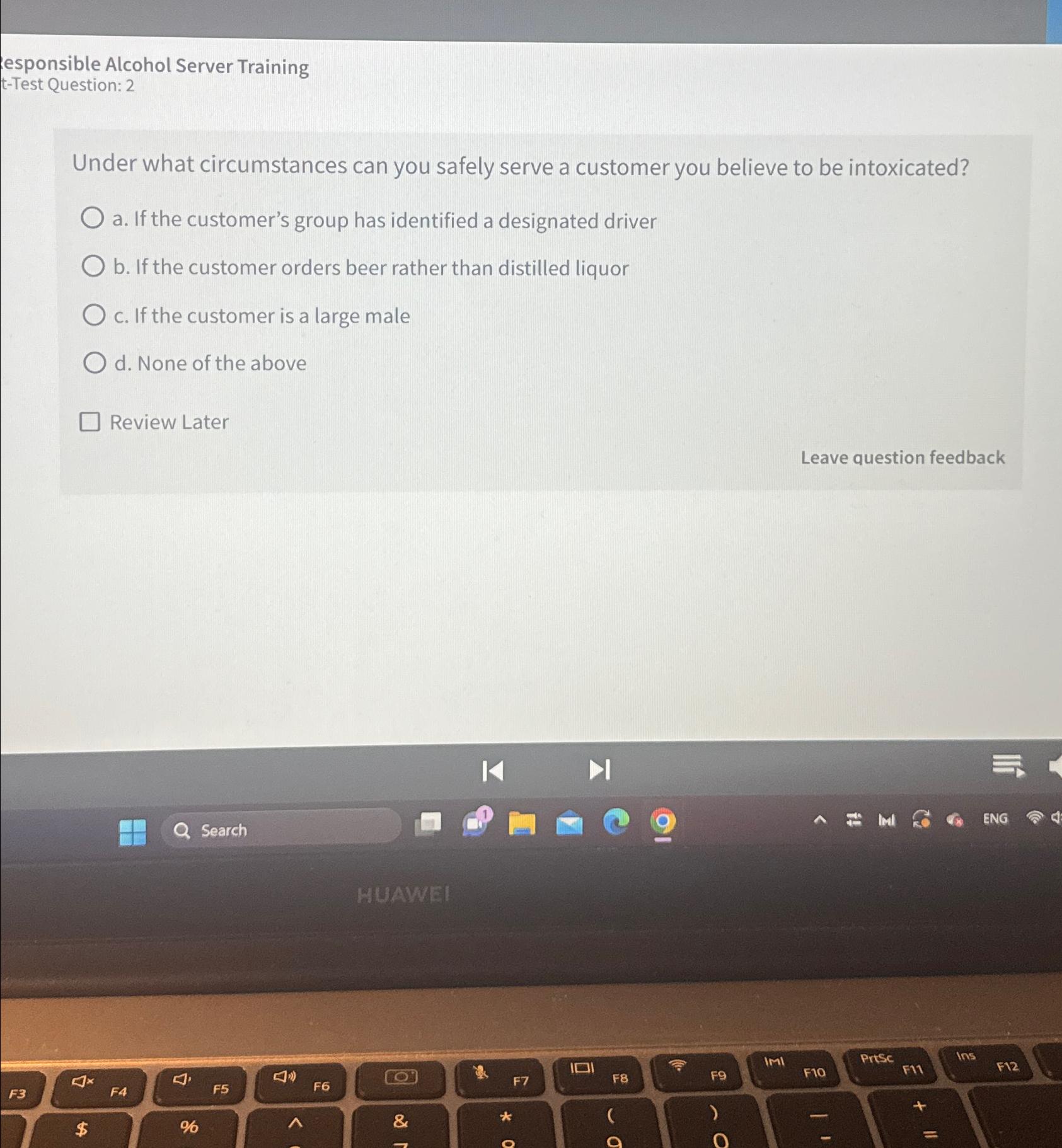 Solved esponsible Alcohol Server Trainingt-Test Question: | Chegg.com