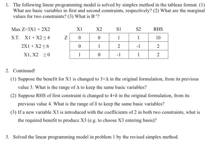 Solved 1. The following linear programming model is solved | Chegg.com