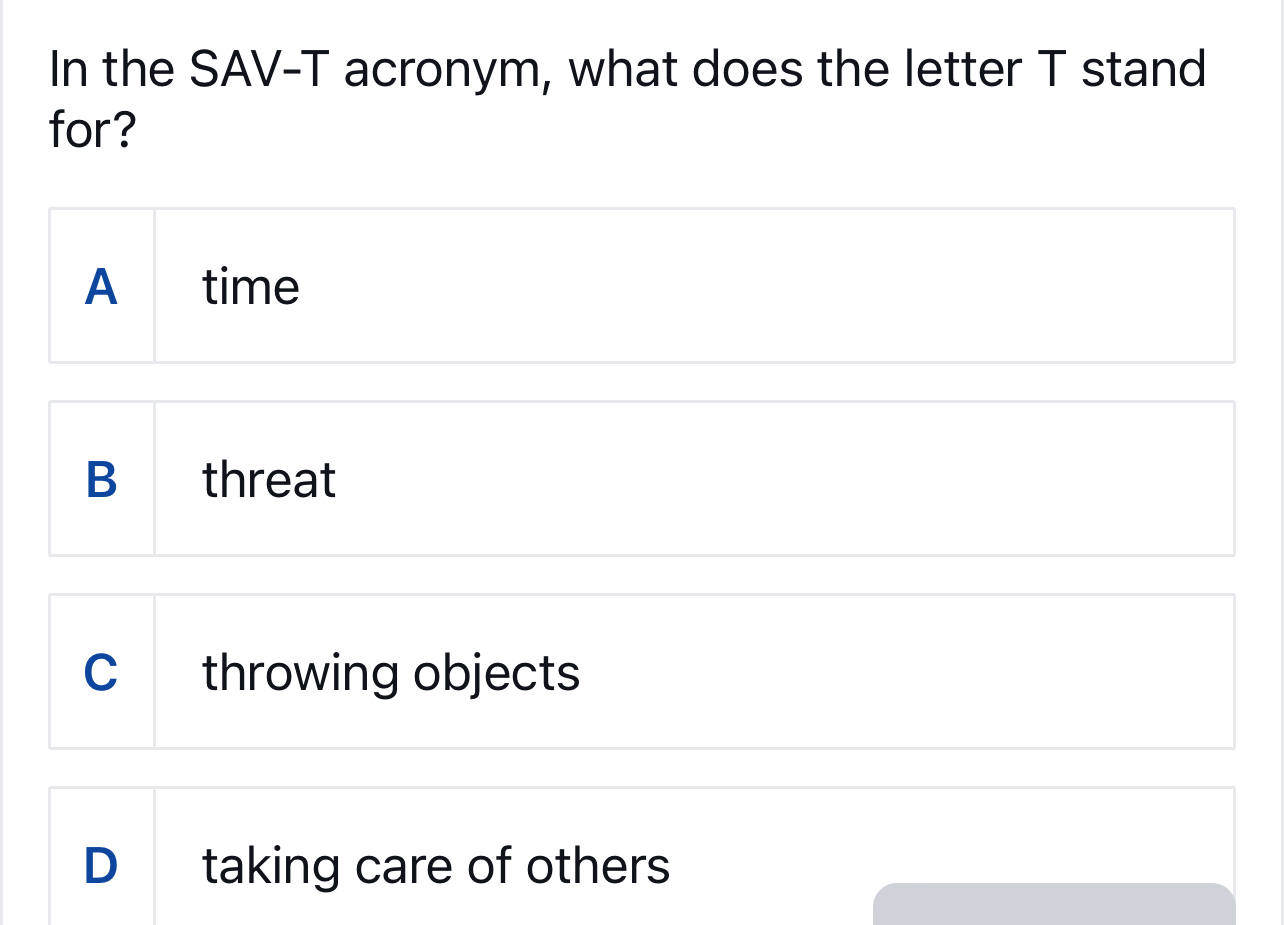 Solved In the SAV-T acronym, what does the letter T stand | Chegg.com