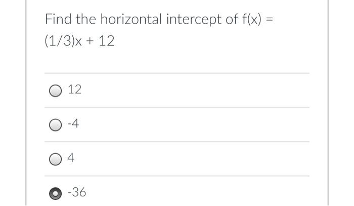 Solved Find the horizontal intercept of f(x)= (1/3)x+12 12 | Chegg.com