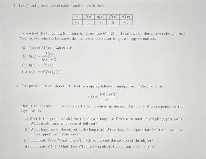 Solved 1. Let f and g be differentiable functions such that | Chegg.com