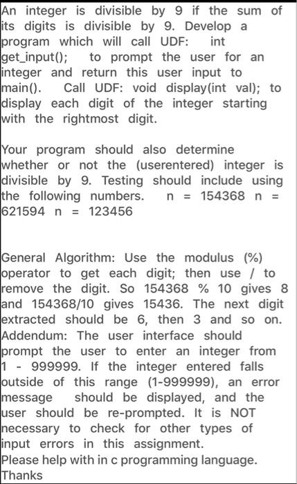 Solved An integer is divisible by 9 if the sum of its digits | Chegg.com