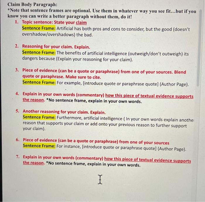 Claim Body Paragraph: *Note that sentence frames are | Chegg.com