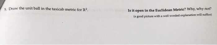 Solved 5. Draw the unit ball in the taxicab metric for R2. | Chegg.com