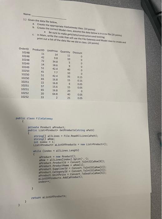 Solved Name: 1.) Given the data file below, a. Create the | Chegg.com