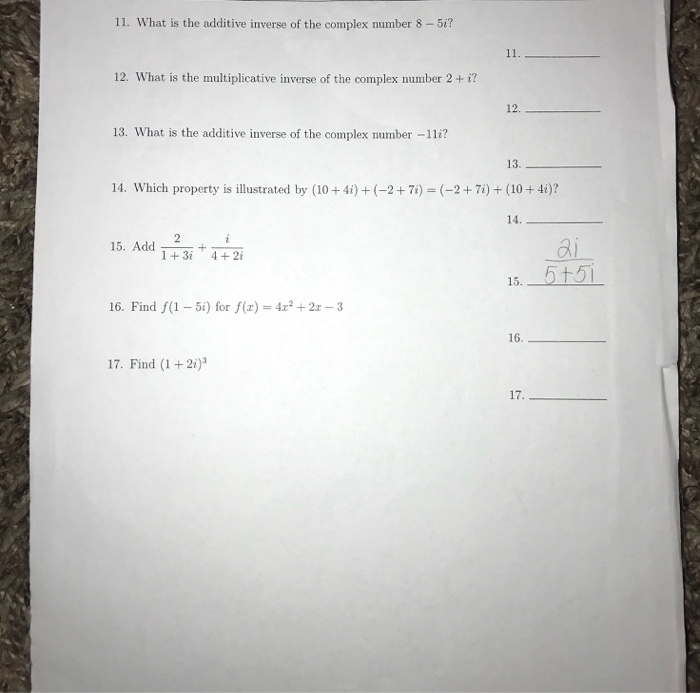 Solved Write complex numbers in a + bi form. 1. Add (2-3i) + | Chegg.com