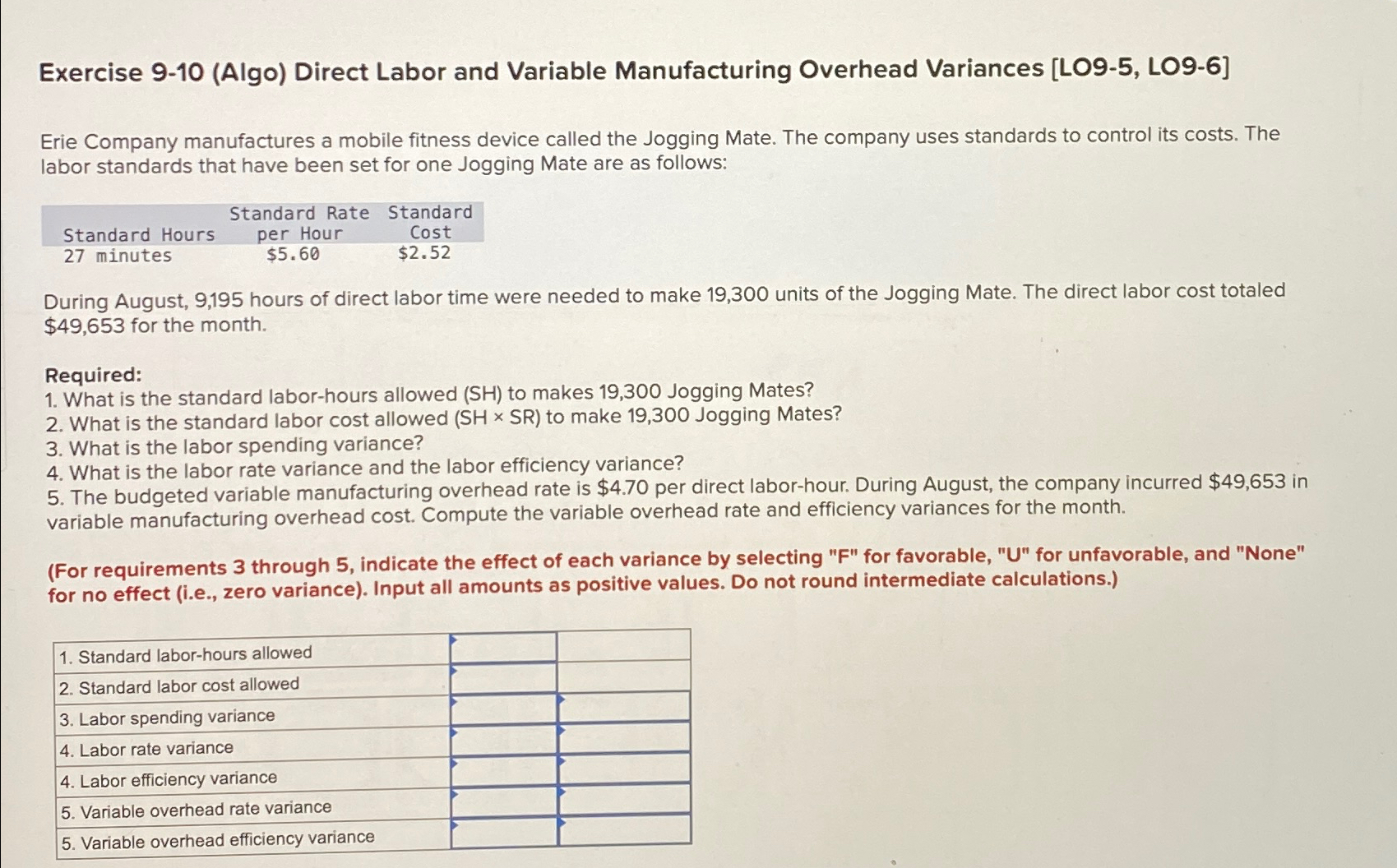 Solved Exercise 9-10 (Algo) ﻿Direct Labor and Variable | Chegg.com