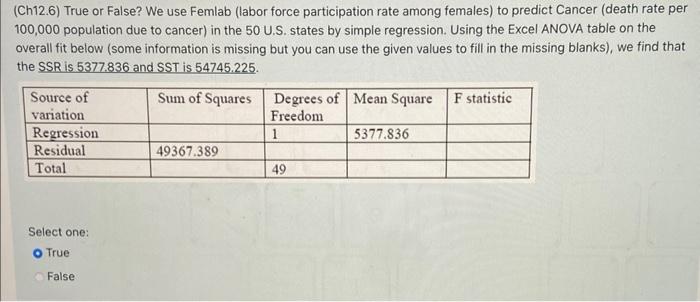 Solved (Ch12.6) True or False? We use Femlab (labor force | Chegg.com