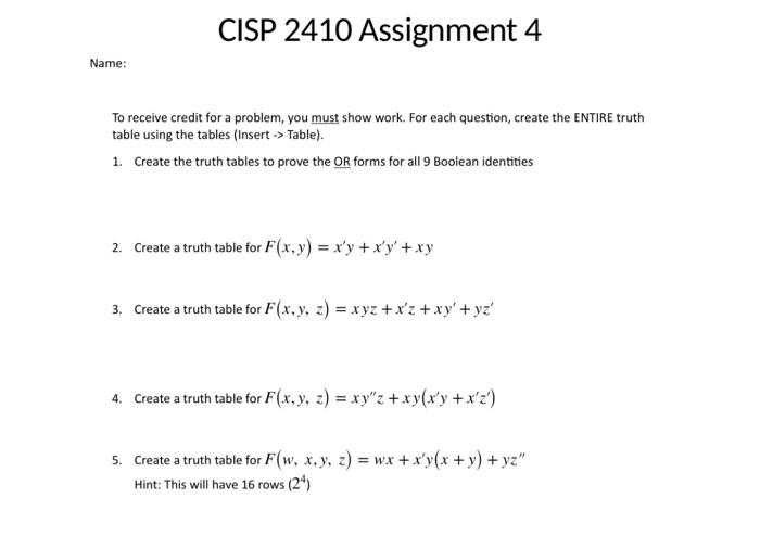 Solved CISP 2410 Assignment 4 Name: To receive credit for a | Chegg.com