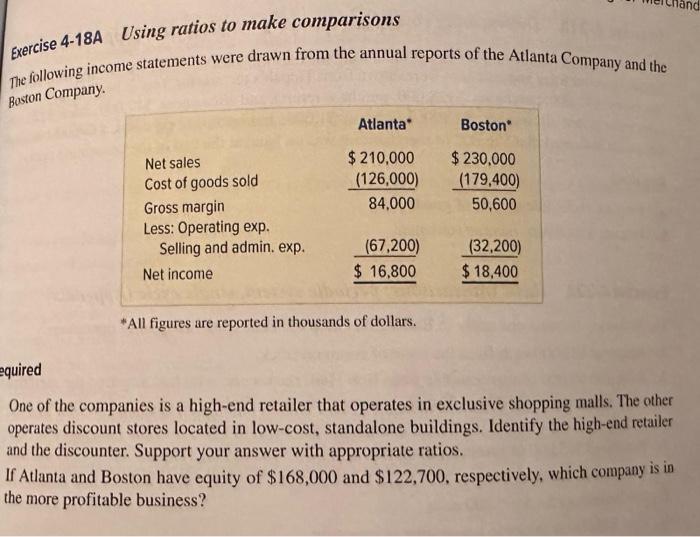 Solved Exercise 4-18A Using ratios to make comparisons The | Chegg.com