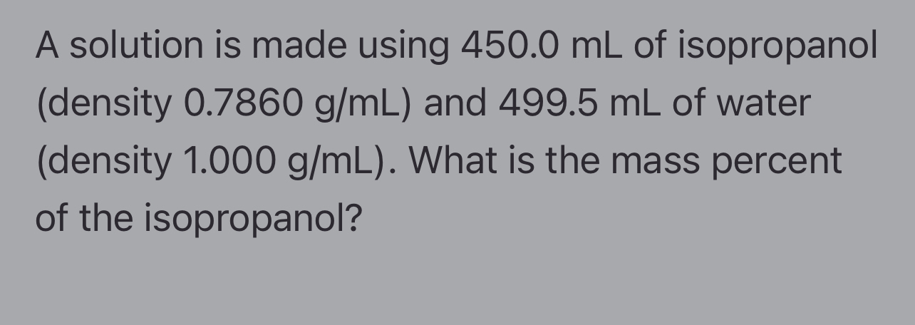Solved A solution is made using 450.0 ﻿mL of isopropanol | Chegg.com