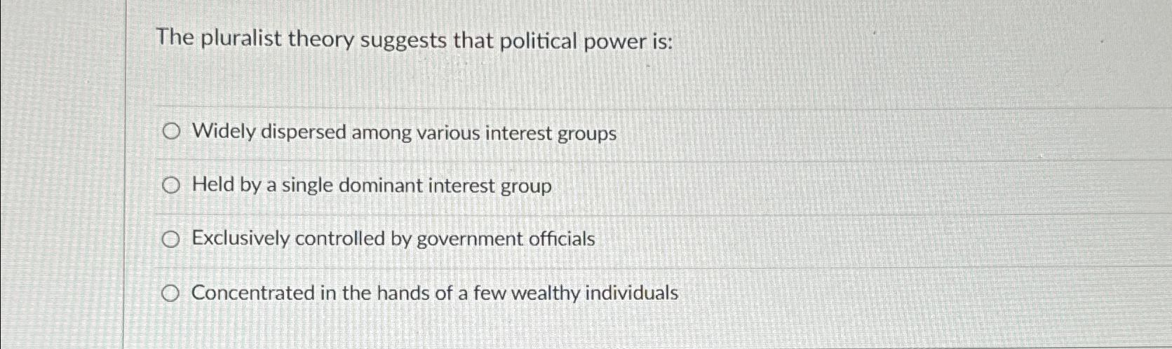 Solved The pluralist theory suggests that political power | Chegg.com