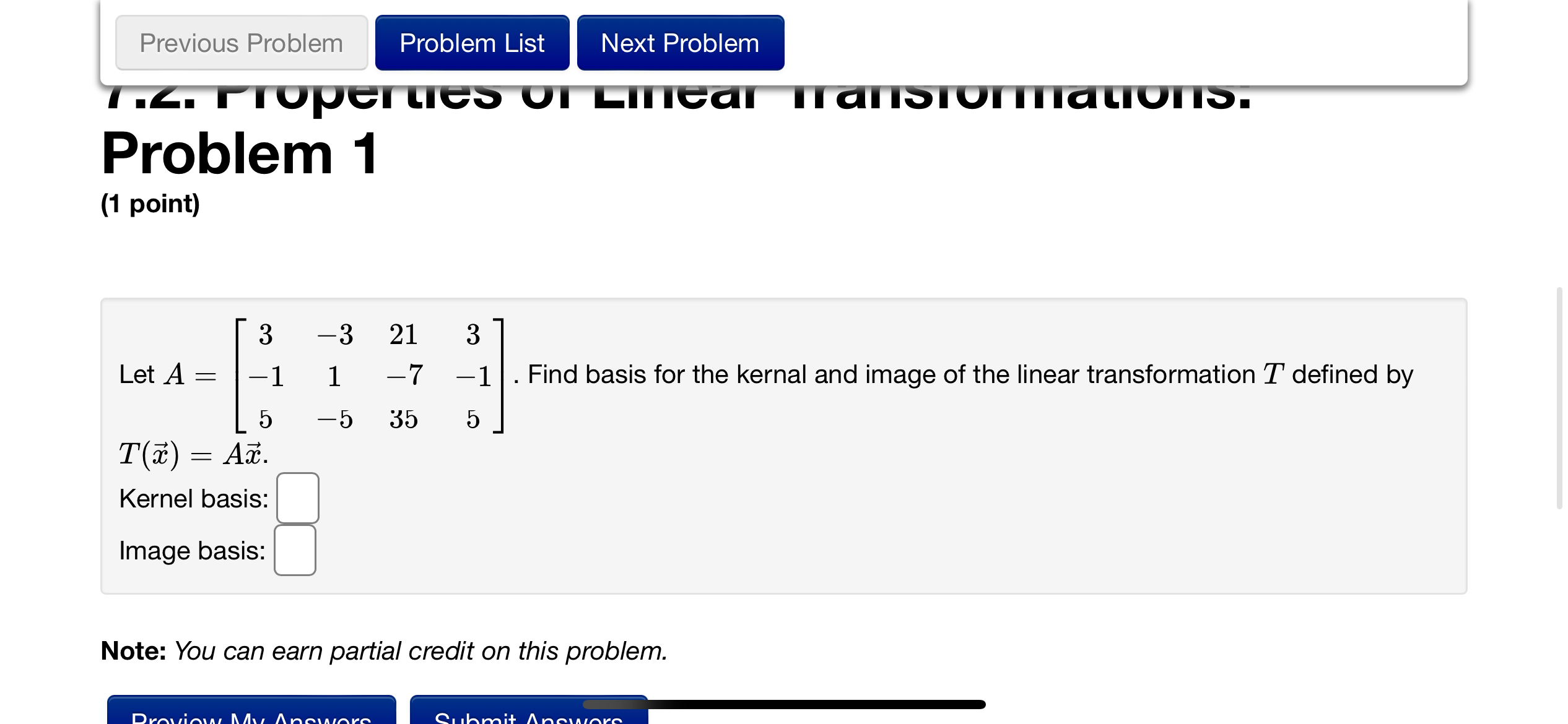 Solved Problem 1(1 ﻿point)Let A=[3-3213-11-7-15-5355]. | Chegg.com