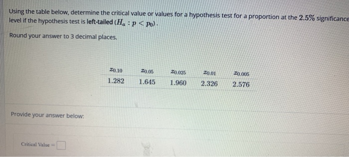 Solved Using the table below, determine the critical value | Chegg.com