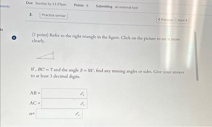 Solved (1 point) Refer to the right triangle in the figure. | Chegg.com