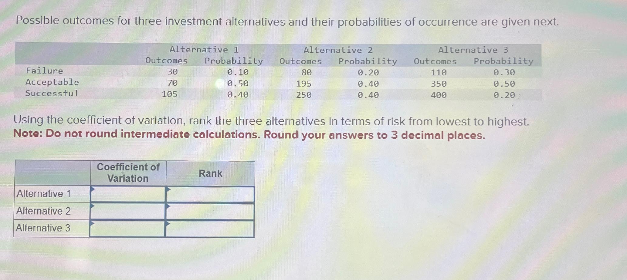 Solved Possible outcomes for three investment alternatives | Chegg.com
