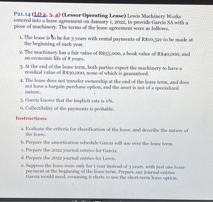 Solved P21.14 ( LO2,3,4 ) (Lessor Operating Lease) Lewis | Chegg.com
