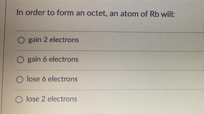 Solved In order to form an octet, an atom of Rb will: gain 2 | Chegg.com