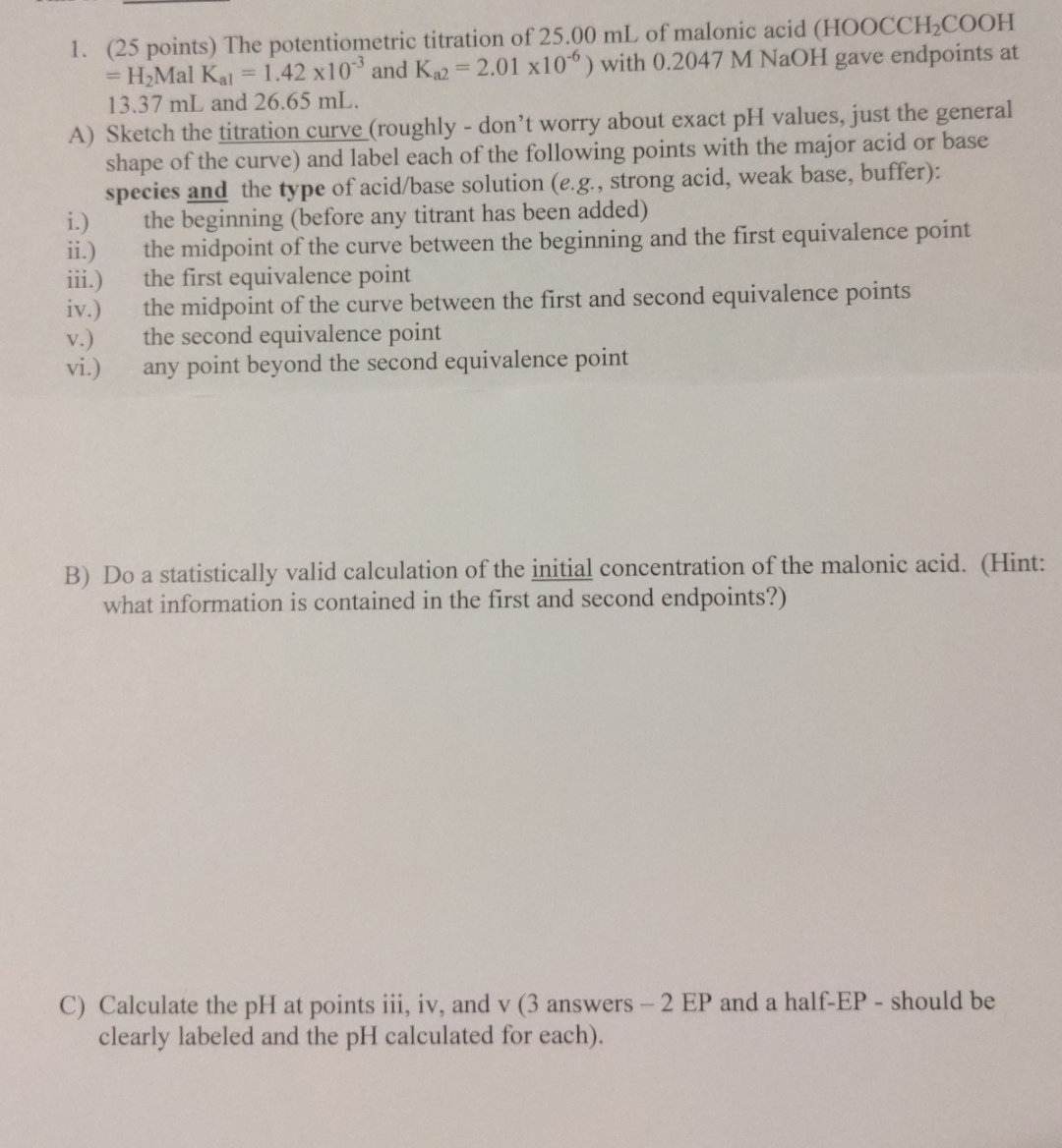 ( 25 ﻿points) ﻿The potentiometric titration of 25.00 | Chegg.com