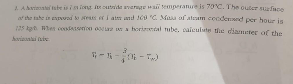 Solved 1. A horizontal tube is 1 m long. Its outside average | Chegg.com