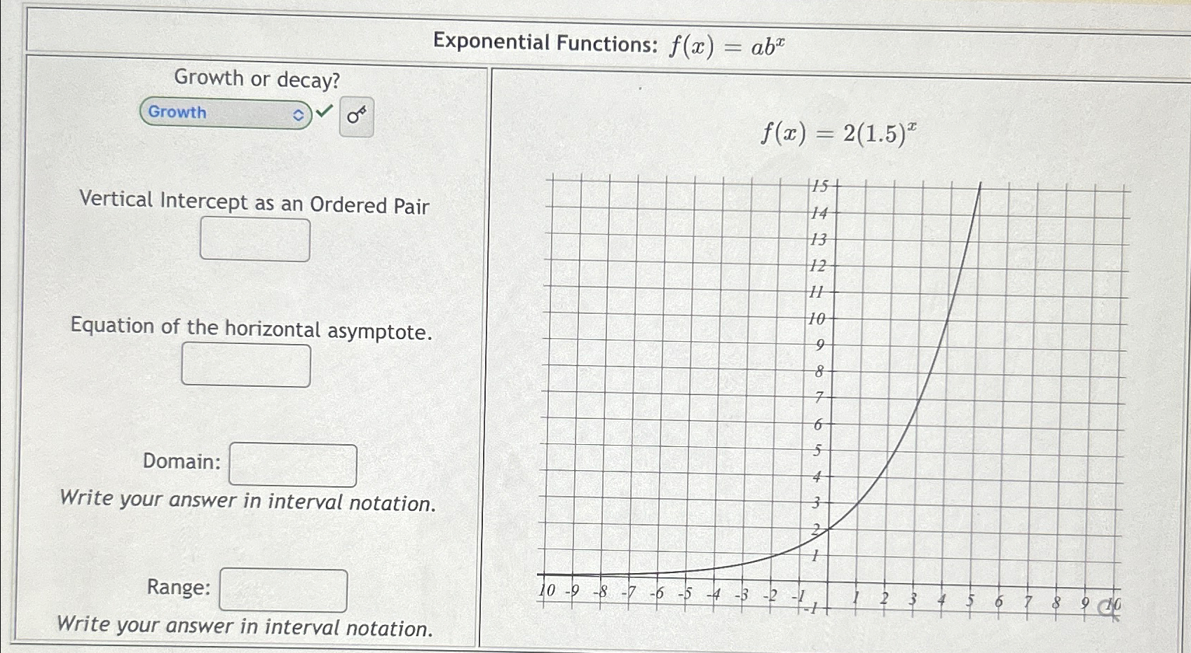 Solved Exponential Functions: f(x)=abxGrowth or | Chegg.com