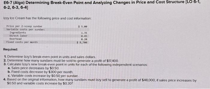 Solved E6-7 (Algo) Determining Break-Even Point and | Chegg.com