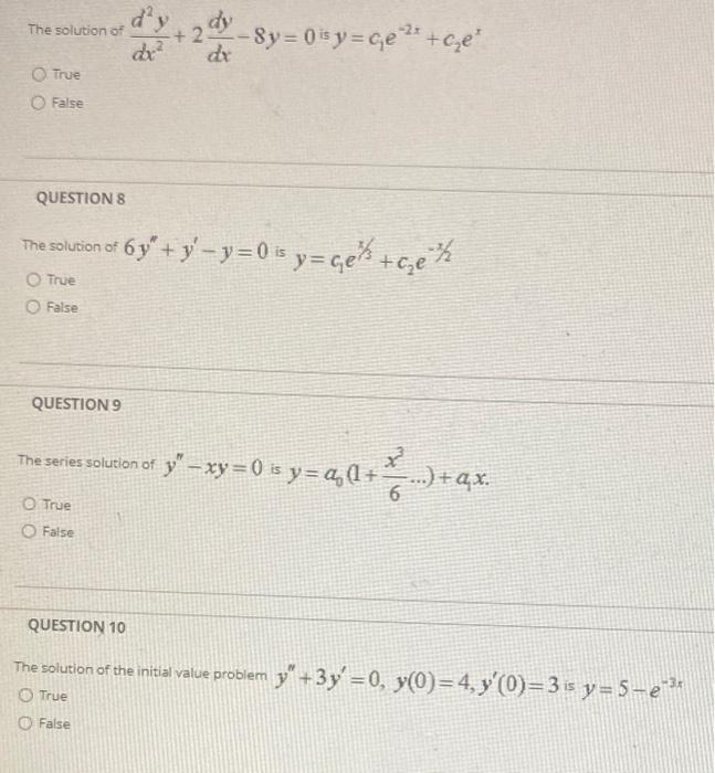 Solved The solution of dx2d2y+2dxdy−8y=0 is y=c1e−2x+c2ex | Chegg.com