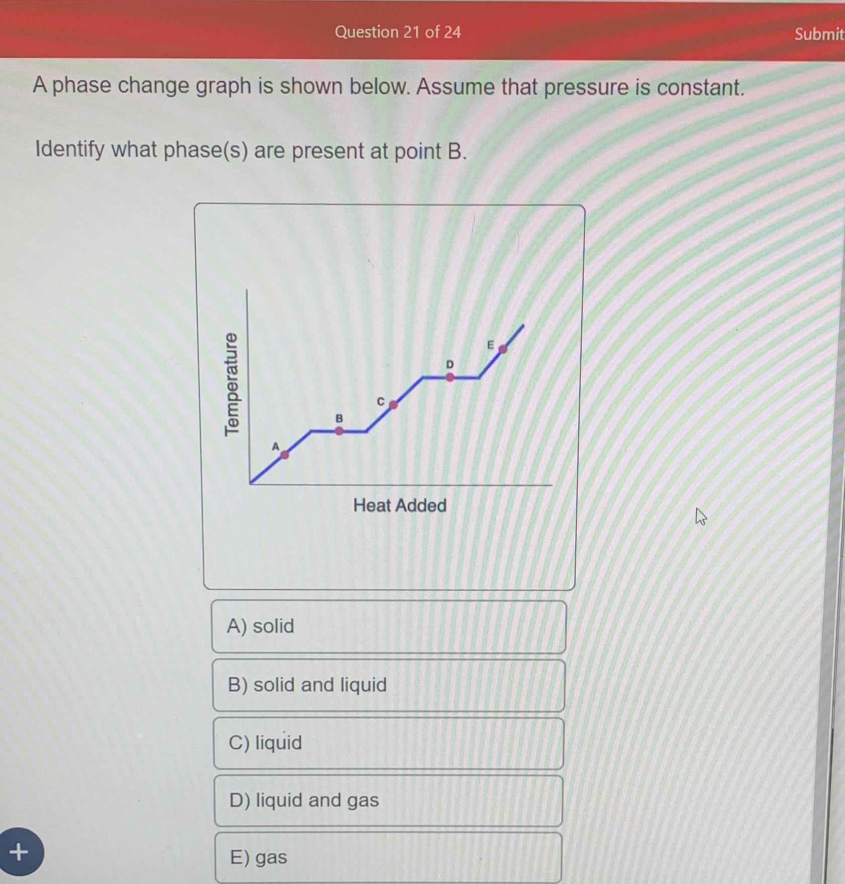 Solved Question 21 ﻿of 24SubmitA phase change graph is shown | Chegg.com