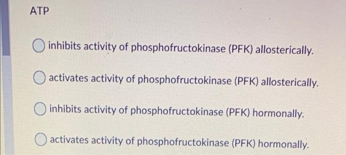 Solved ATP inhibits activity of phosphofructokinase (PFK) | Chegg.com