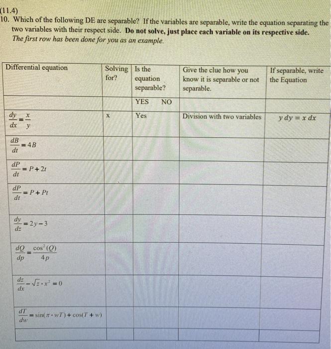 Solved (11.4) 10. Which of the following DE are separable? | Chegg.com