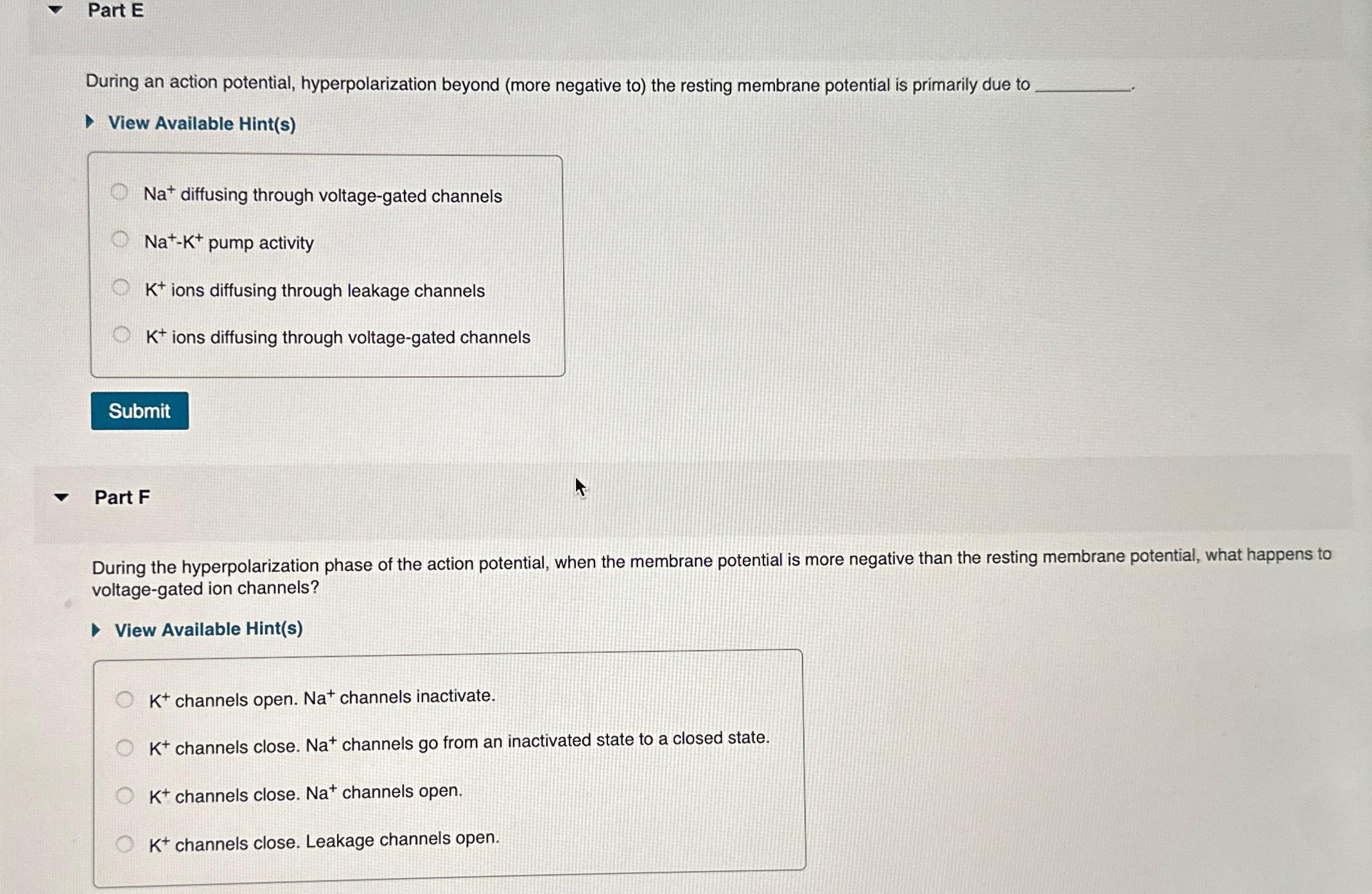 Solved Part EDuring an action potential, hyperpolarization | Chegg.com